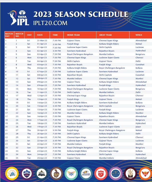 BCCI announces schedule for TATA IPL 2023